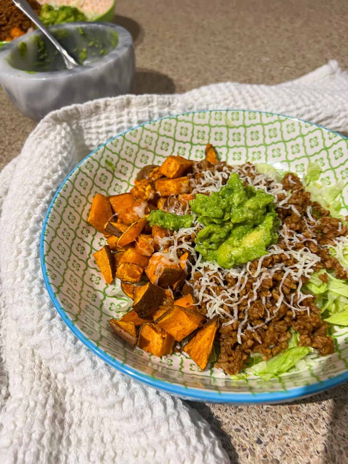 Sweet Potato Taco Bowl Vegan with TVP Beef | Essy Cooks