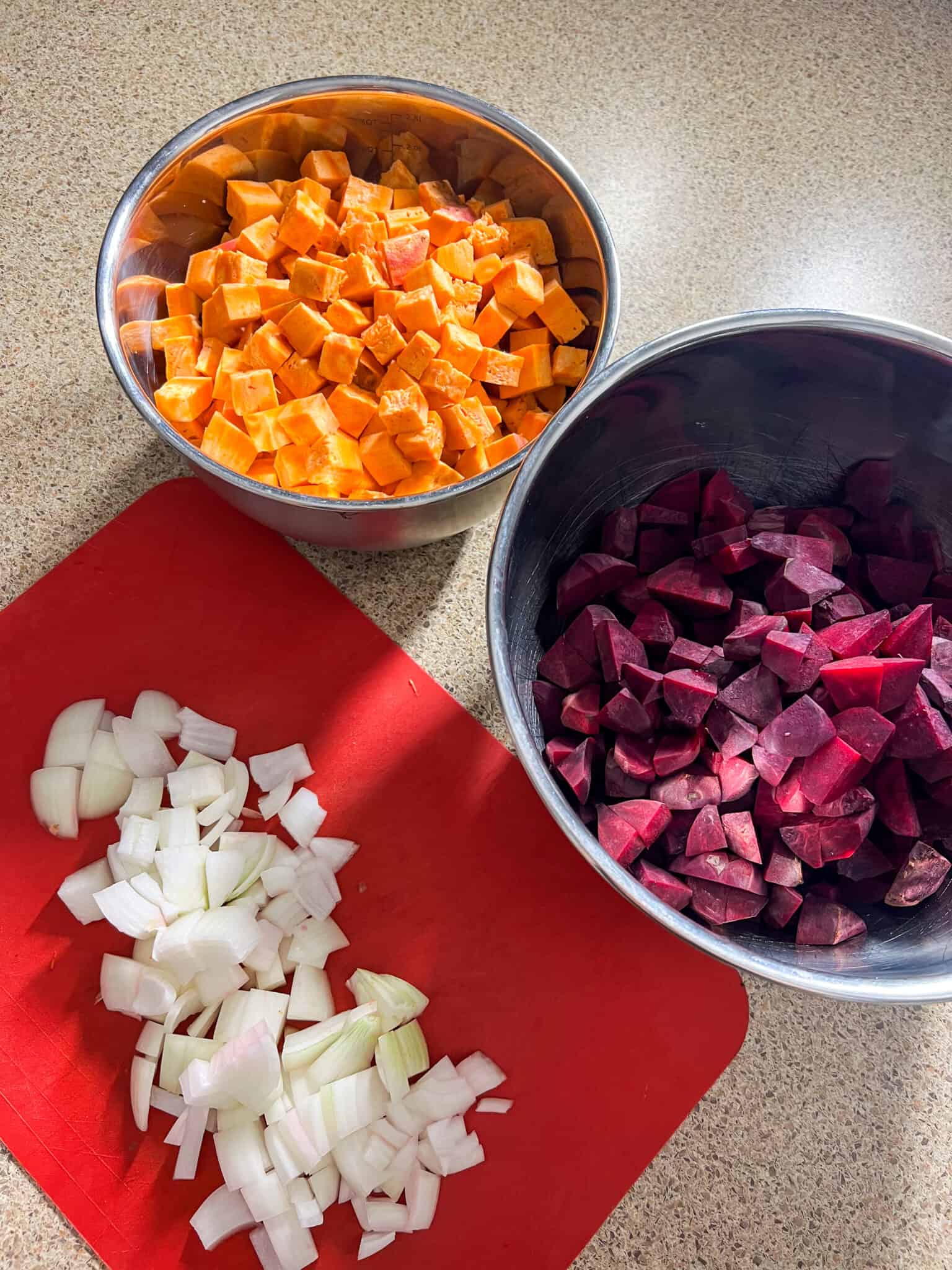 Roasted Beet Sweet Potato Chickpea Salad Recipe | Essy Cooks