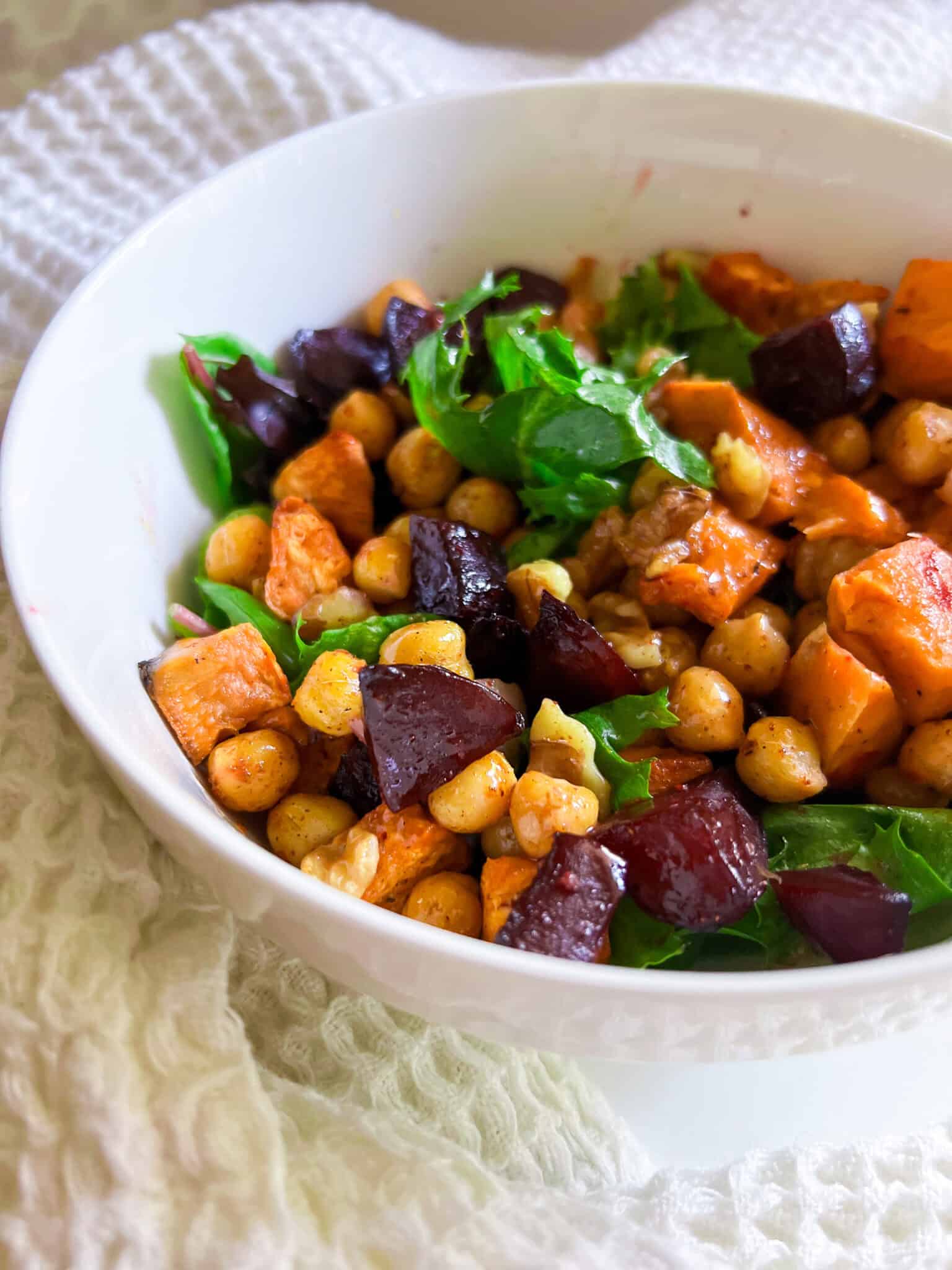 Roasted Beet Sweet Potato Chickpea Salad Recipe | Essy Cooks